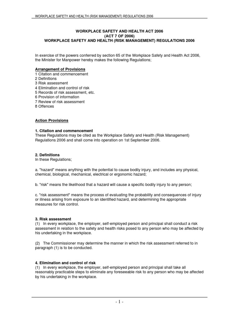 WSH (Risk Management) Regulations 2006 | PDF | Occupational Safety And ...