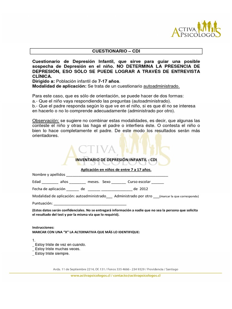 Test Depresion Cdi | PDF | Cuestionario | Depresión (estado de ánimo)