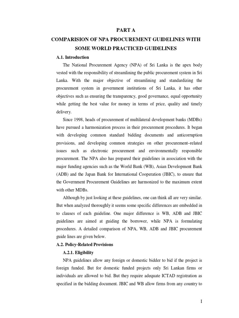 Comparision of Npa Procurement Guidelines With Some World Practiced ...