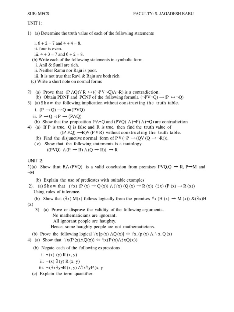 MFCS Mathematics | PDF | Logic | Mathematical Logic