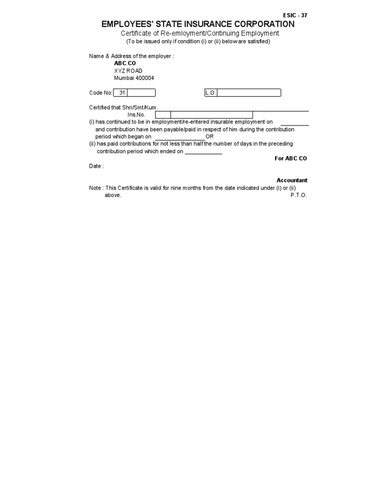 ESIC Form 37: Employment Certificate | PDF