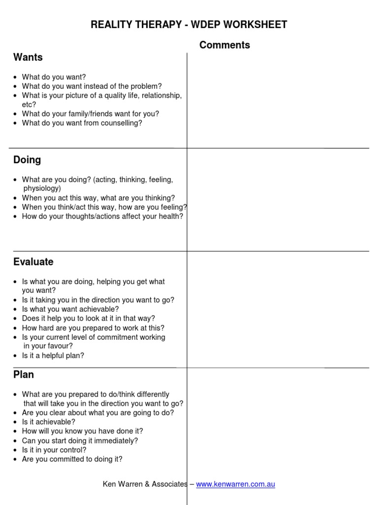 Reality Therapy - WDEP Worksheet | PDF