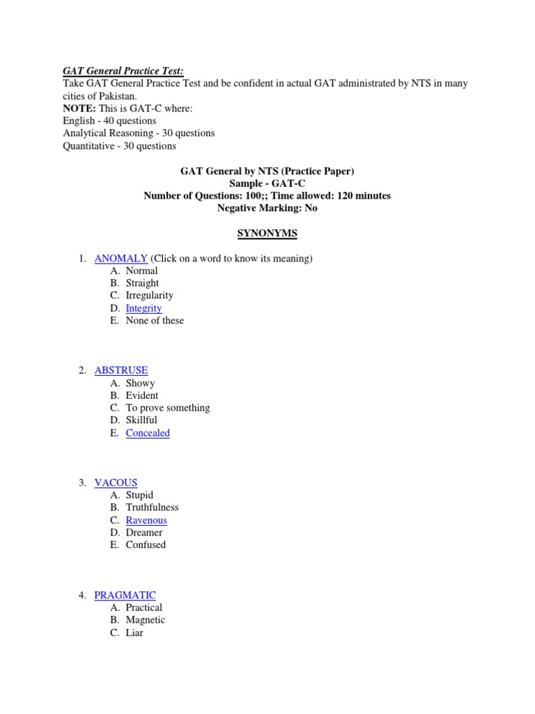 GAT General Practice Test | Download Free PDF | Underemployment ...