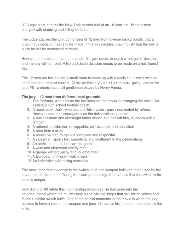 12 Angry Men Synopsis | PDF | Legal Procedure | Justice