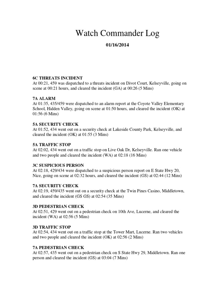 Lake County Sheriff's Watch Commander Logs | PDF | Traffic | Land Transport
