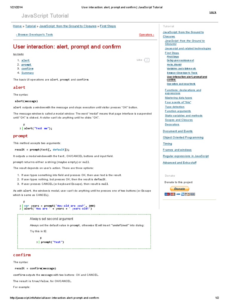 User Interaction: Alert, Prompt and Confirm: Javascript Tutorial | PDF ...