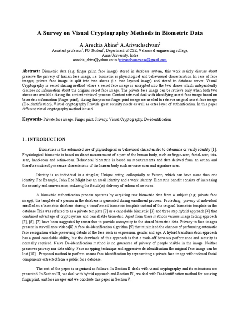 A Survey On Visual Cryptography Methods in Biometric Data | PDF | Biometrics | Data