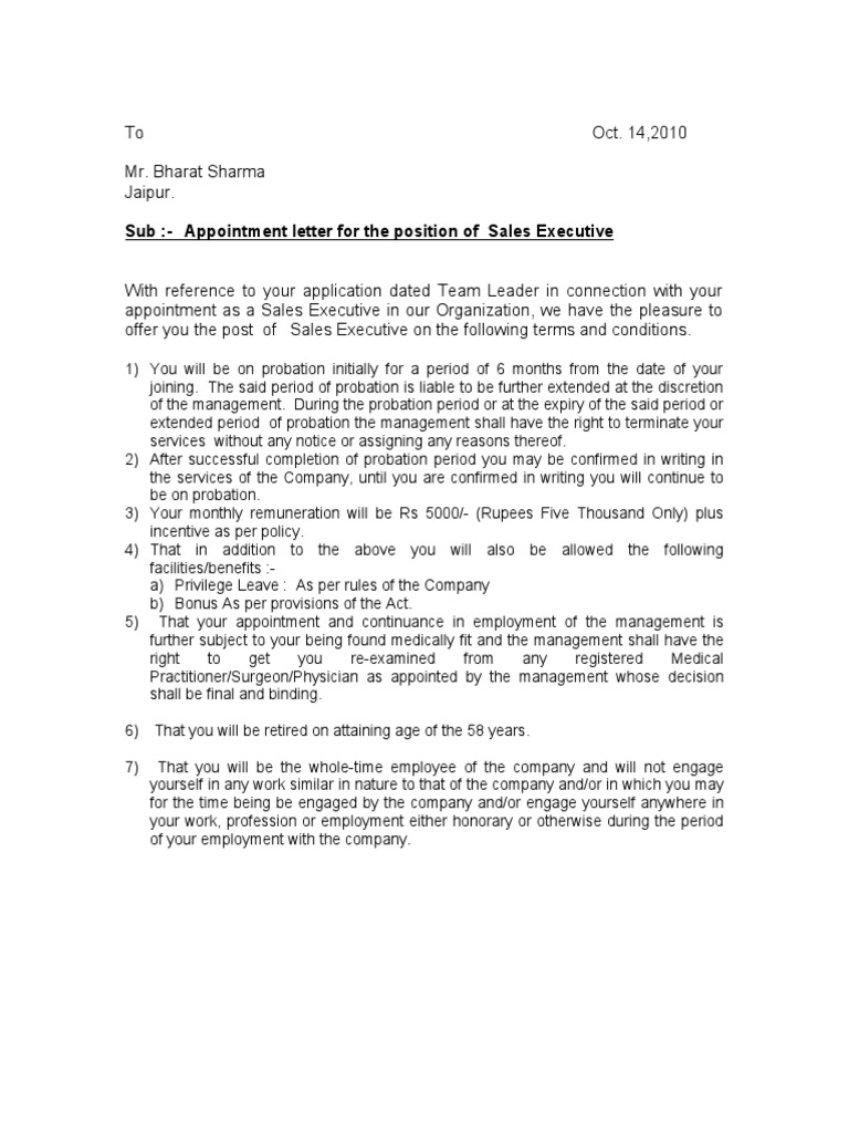 Sub:-Appointment Letter For The Position of Sales Executive | PDF