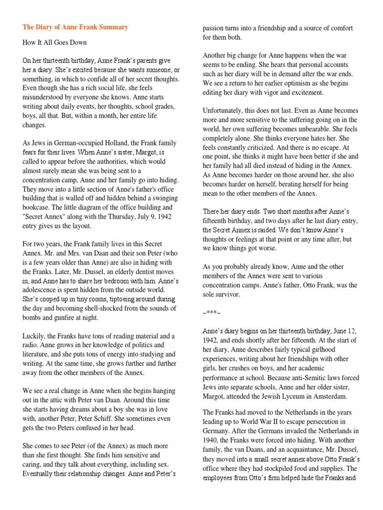 The Diary of Anne Frank Summary | PDF | Anne Frank | Unrest