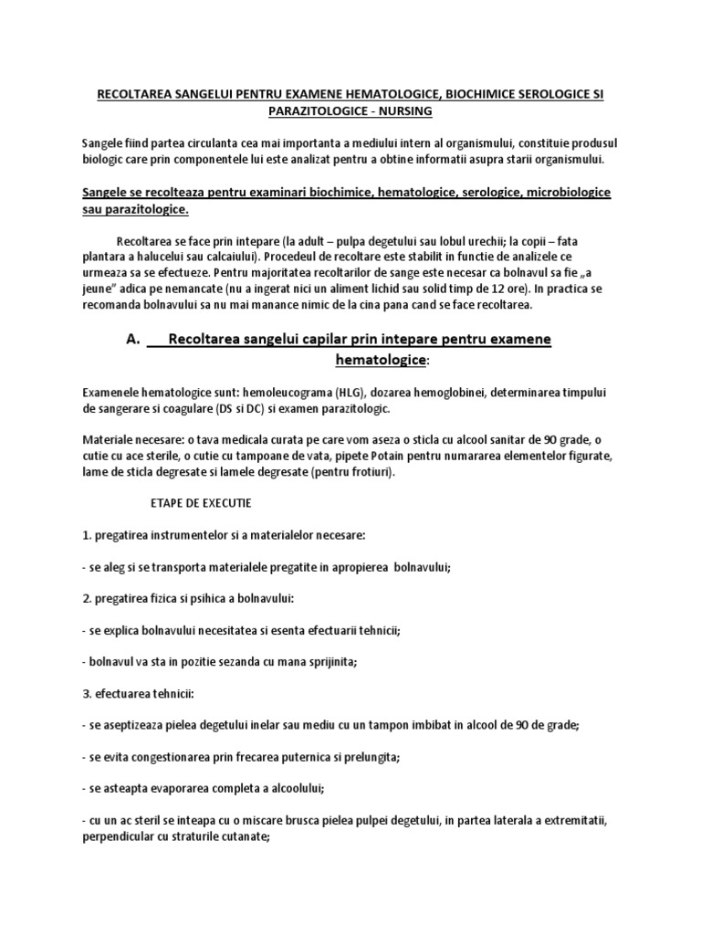 Recoltarea Sangelui Pentru Examene Hematologice | PDF