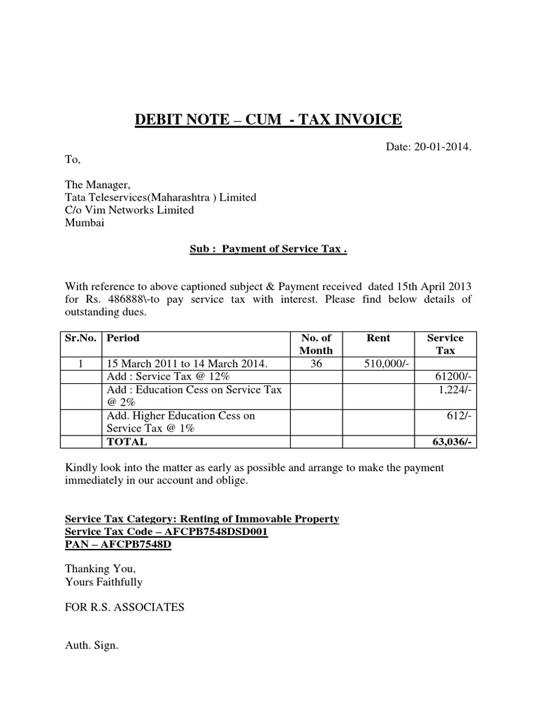 Debit Note - Cum - Tax Invoice: Sub: Payment of Service Tax | PDF ...