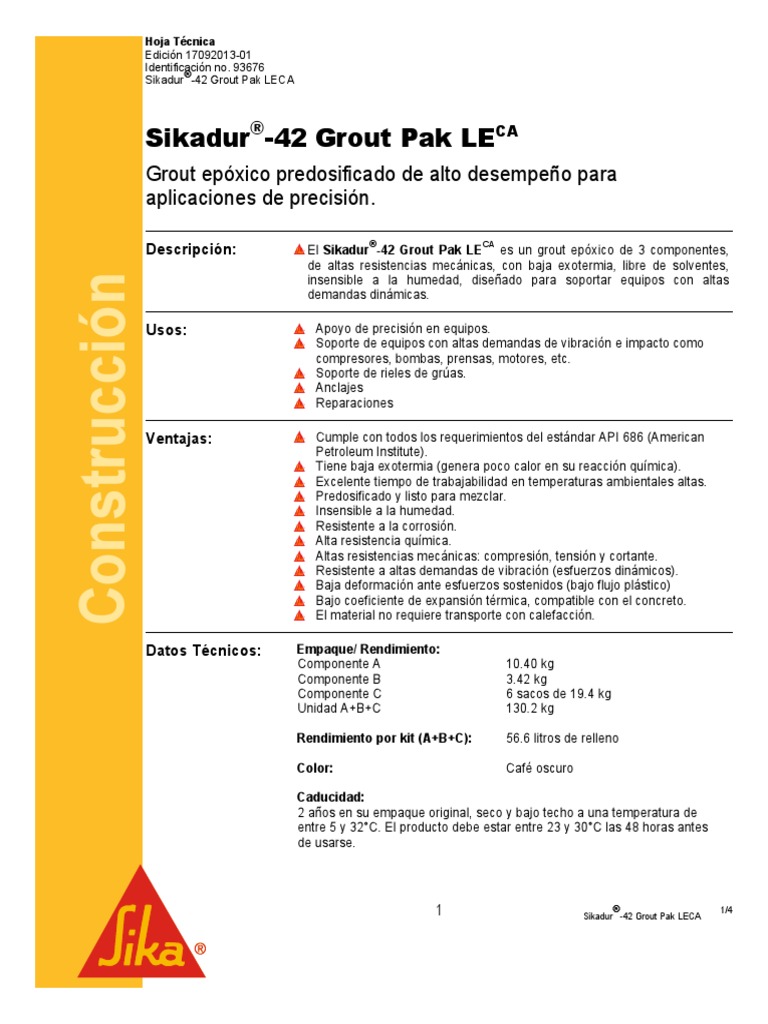 Grout Epoxico Aplicaciones Precision Sikadur 42 Grout Pack Le CA | PDF ...