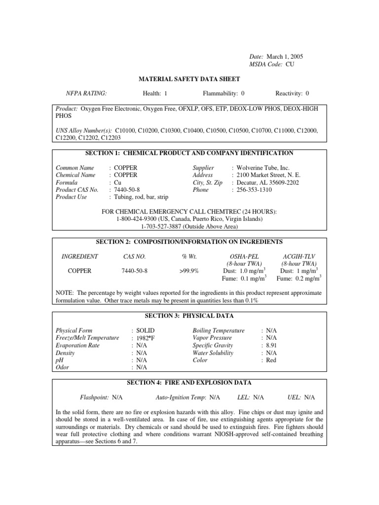 Material Safety Data Sheet | PDF | Copper | Magnesium