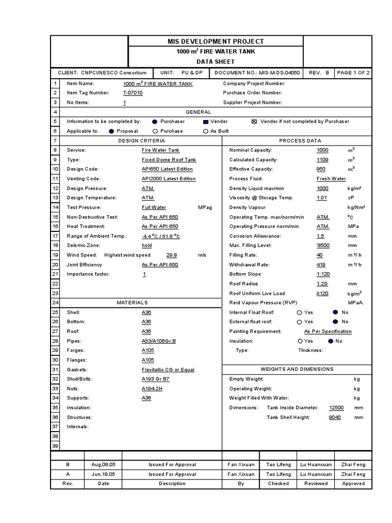 MIS-M-DS-04050 1000m3 Fire Water Tank Data Sheet(T-07010)-B | Pressure ...