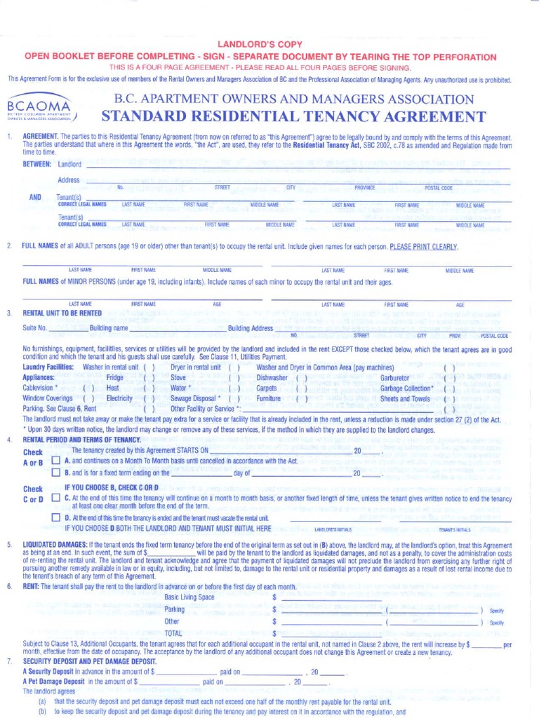 BCAOMA Residential Tenancy Agreement | PDF