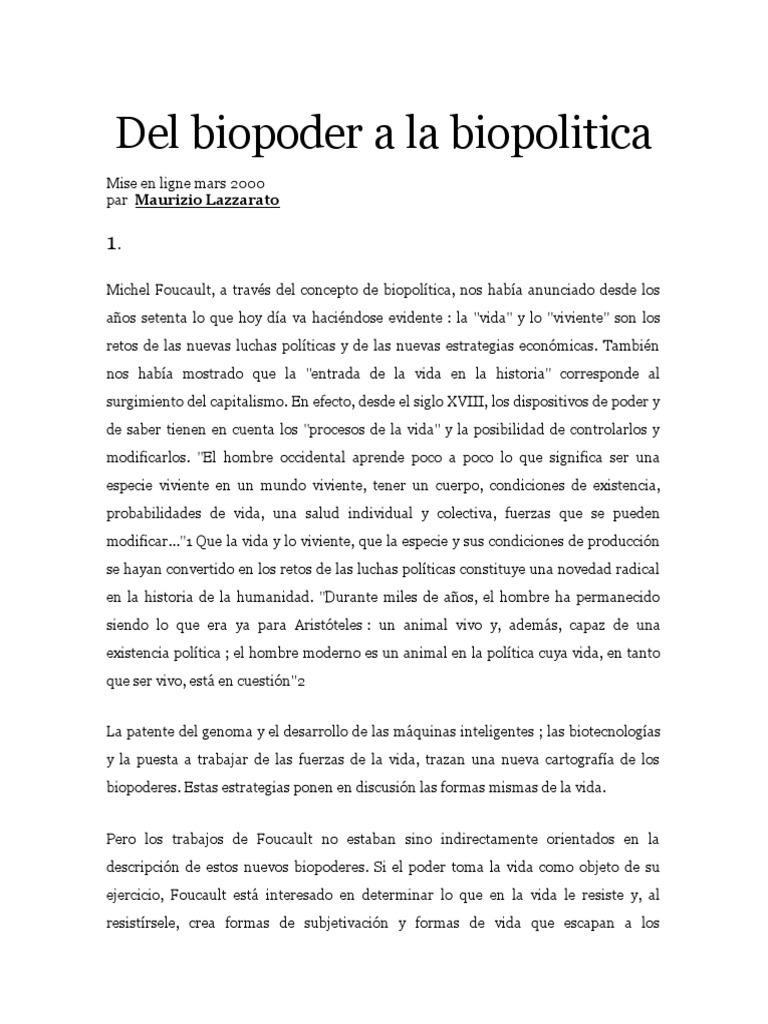 Lazzarato - Del Biopoder A La Biopolitica | PDF | Michel Foucault ...