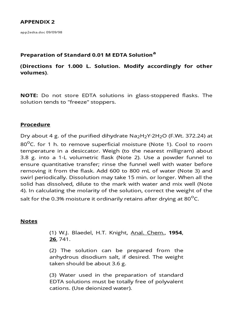 Preparation of Standard 0.01 M EDTA Solutiona | PDF ...