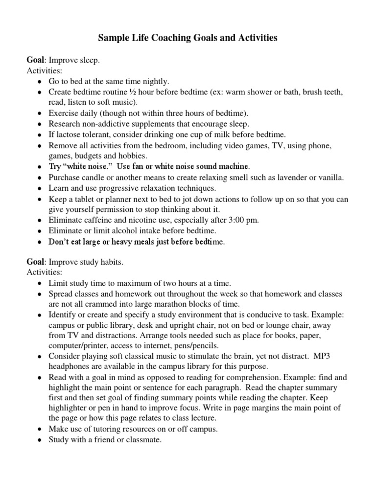 Sample Life Coaching Goals and Activities 4 | PDF