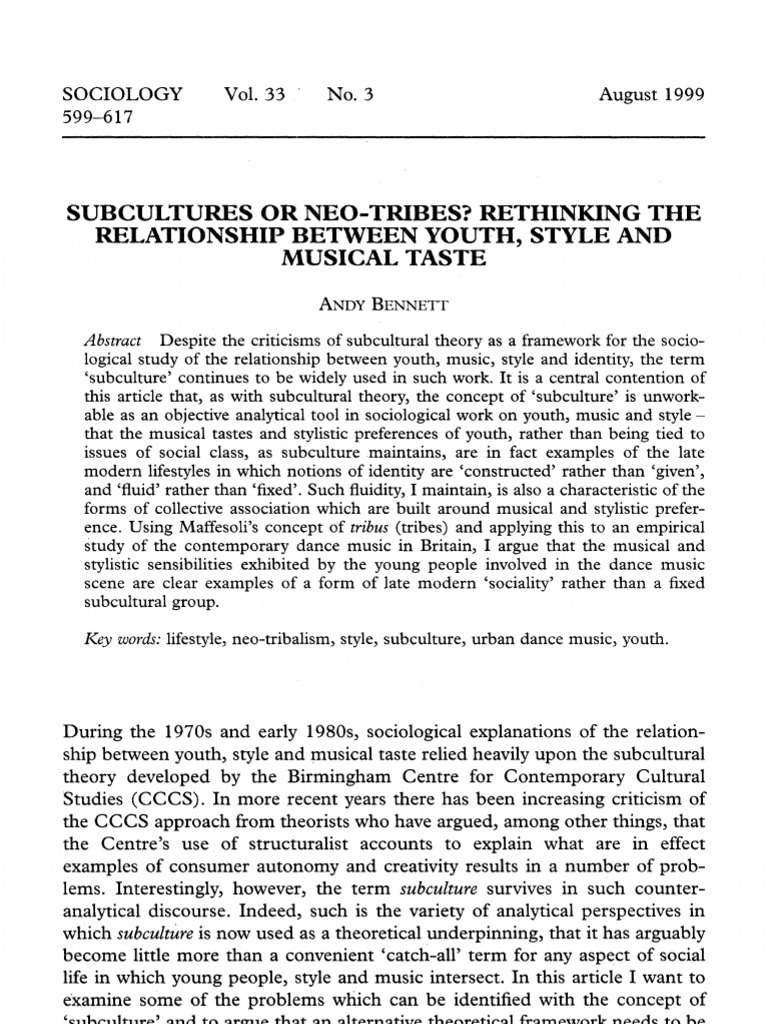 Subcultures or Neo-Tribes - Bennett | PDF