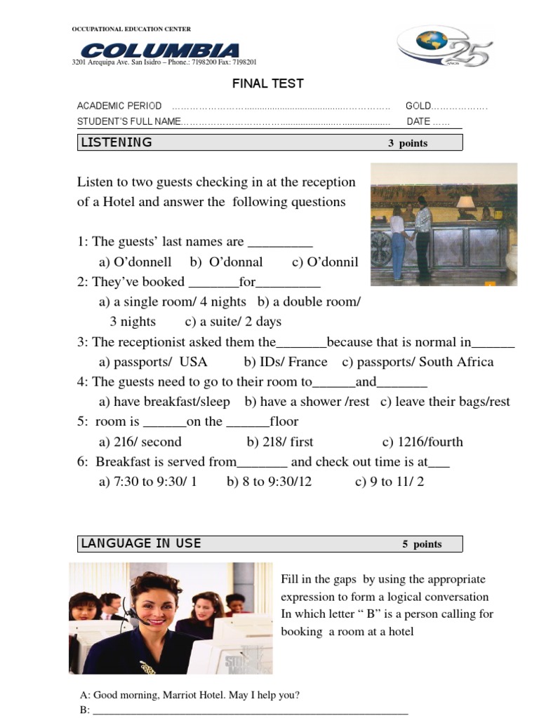 Hotel Check-In and Job Application Test | PDF