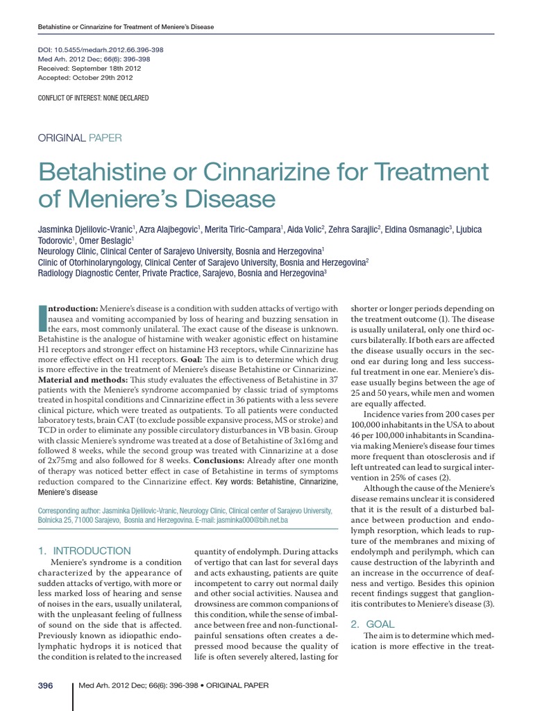Betahistine vs Cinnarizine for Meniere's | PDF | Vertigo | Ménière's ...