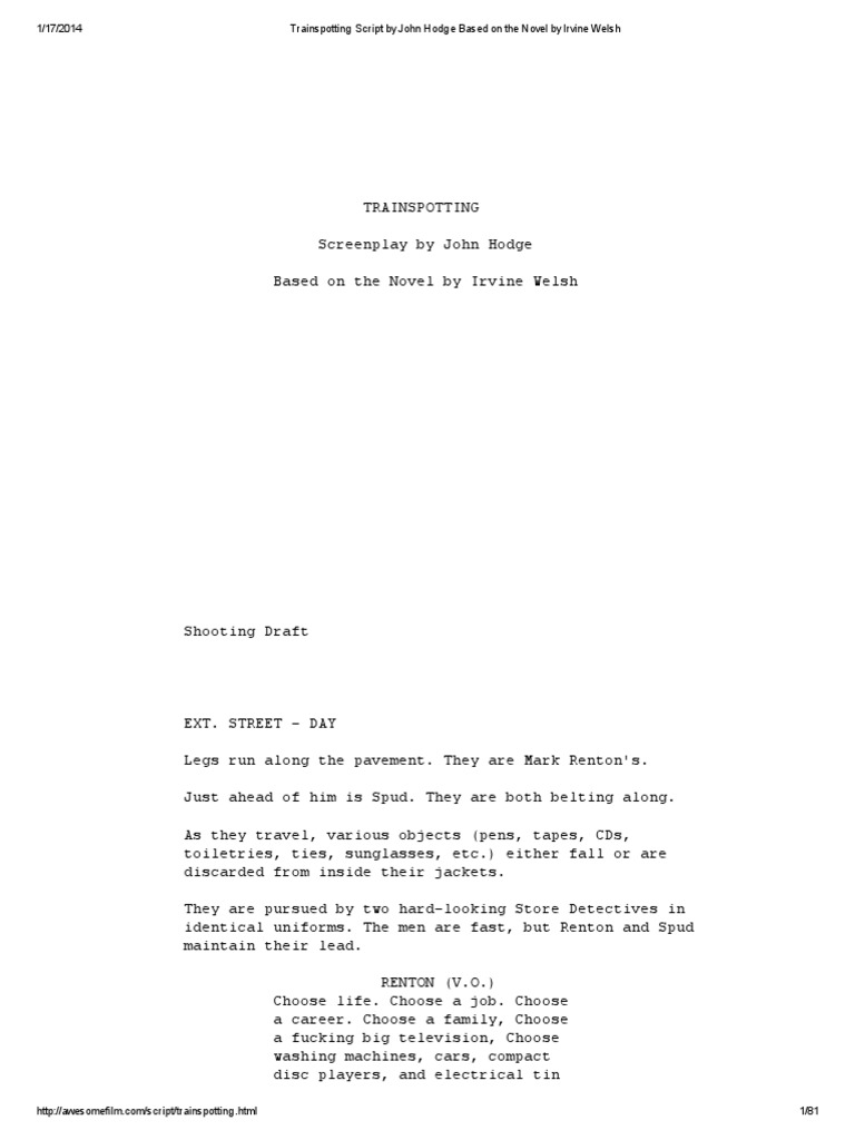 Trainspotting Script by John Hodge Based On The Novel by Irvine Welsh | PDF