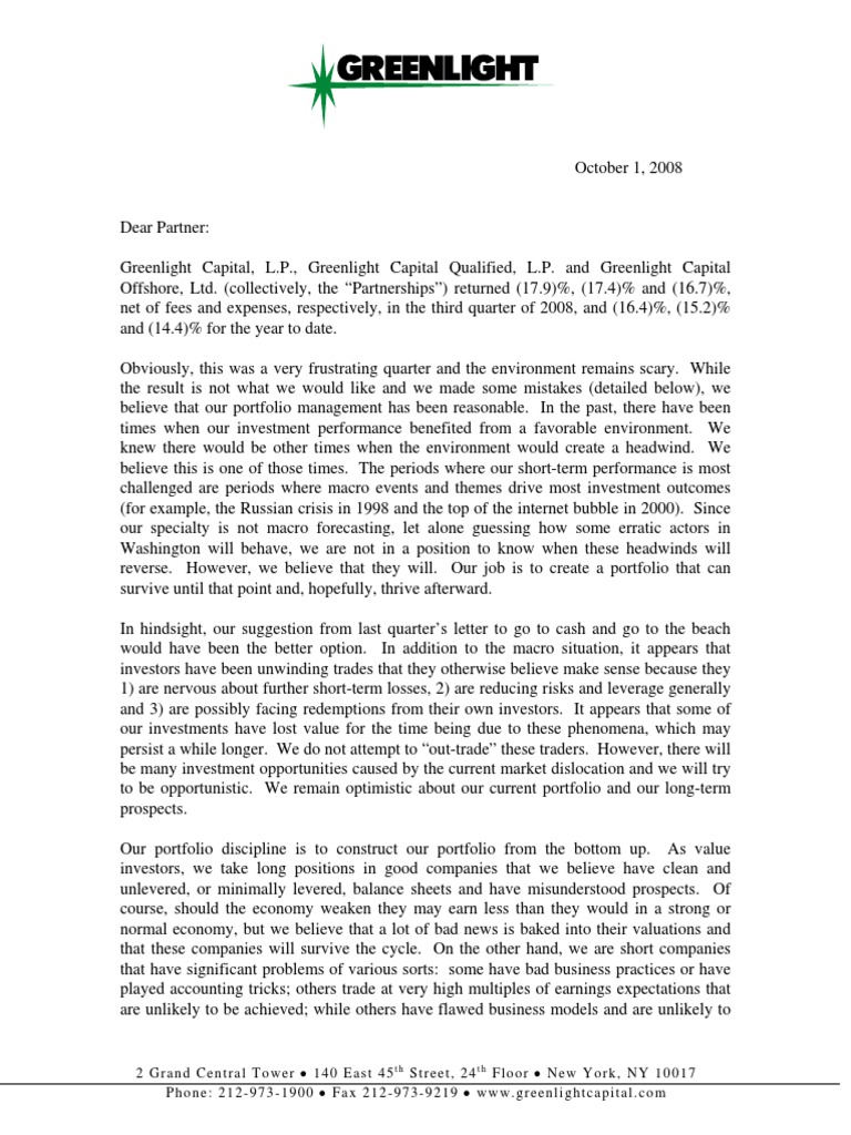Greenlight Capital Letter (1-Oct-08) | PDF | Short (Finance) | Stocks
