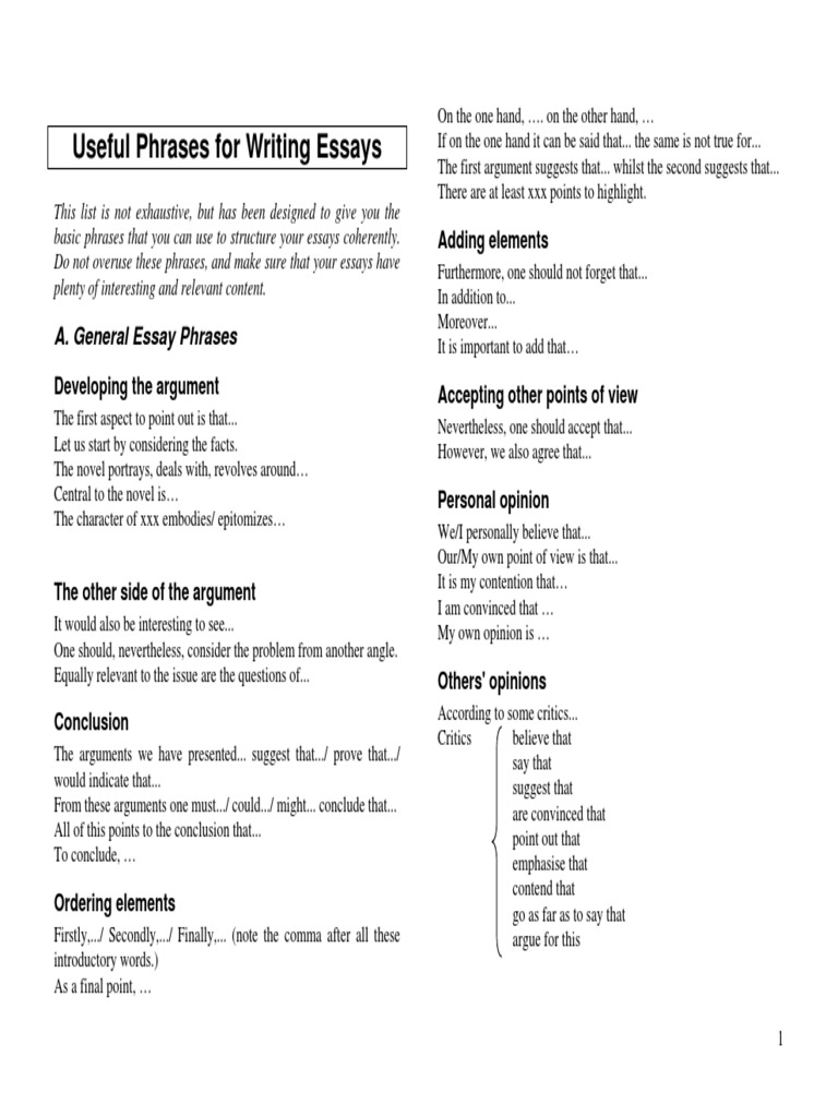 Essential Phrases for Essay Writing | PDF