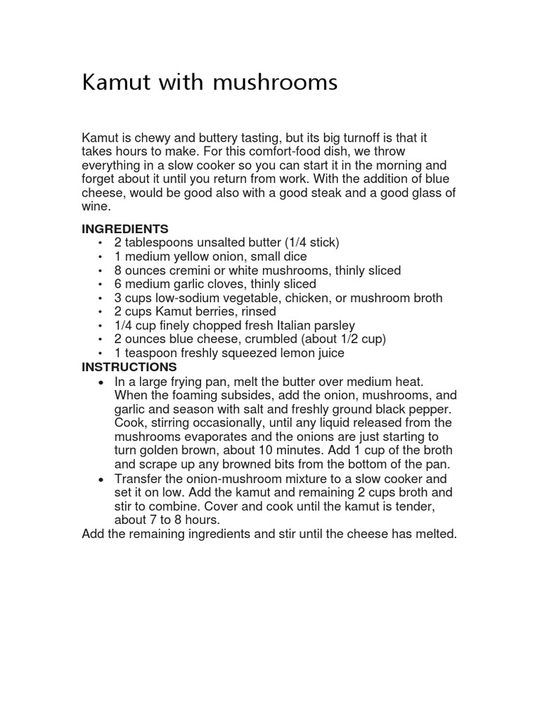 Kamut With Mushrooms: Ingredients | PDF