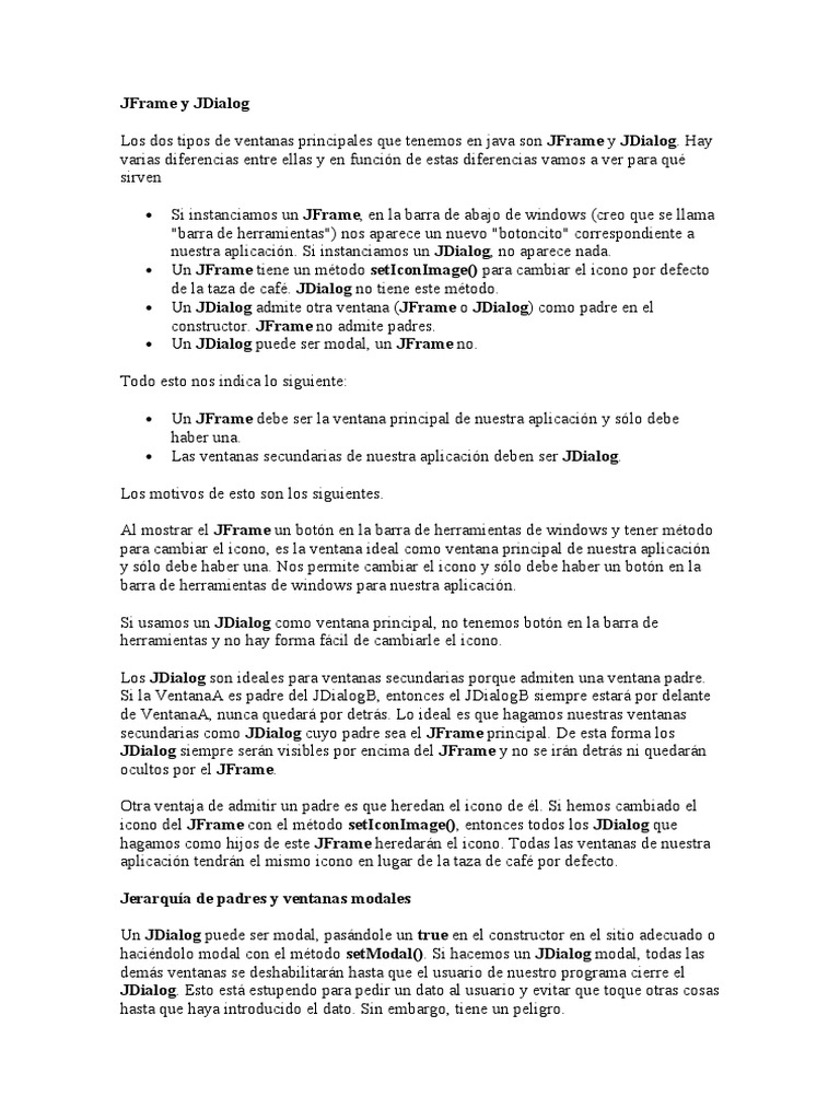 JFrame y JDialog | PDF | Ventana (informática) | Java (lenguaje de programación)
