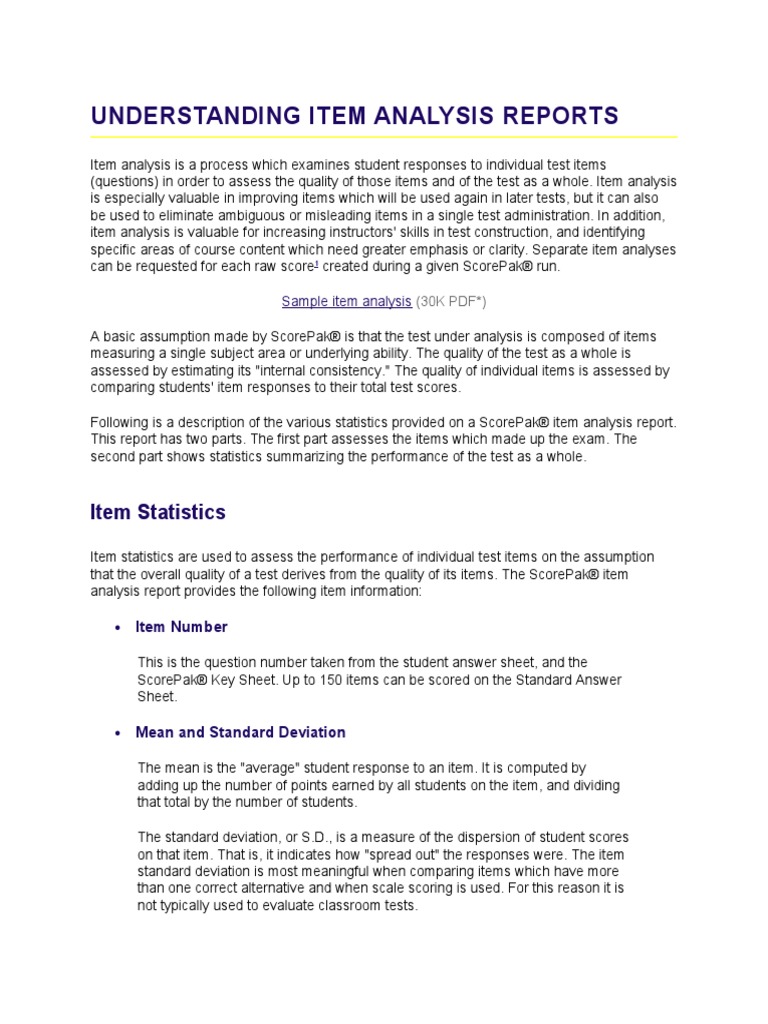 Item Analysis Reports | Standard Error | Test (Assessment)
