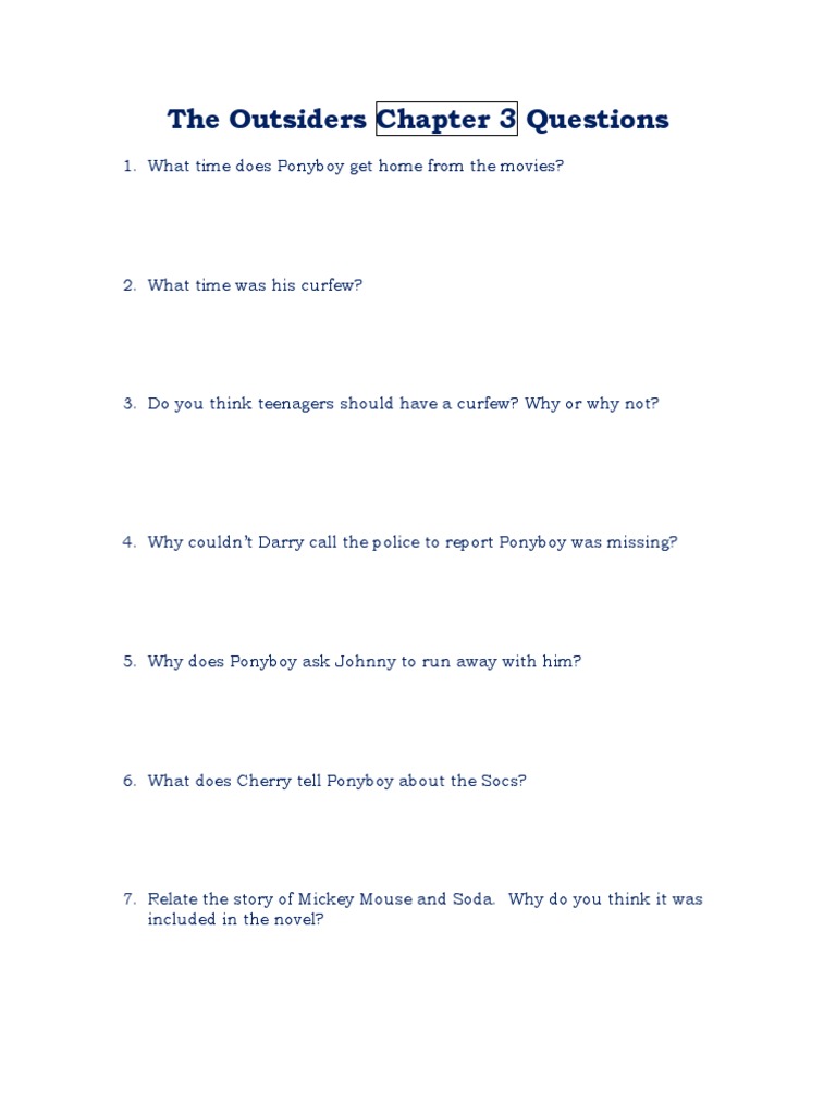 The Outsiders Chapter 3 Study Questions | PDF | Games & Activities ...