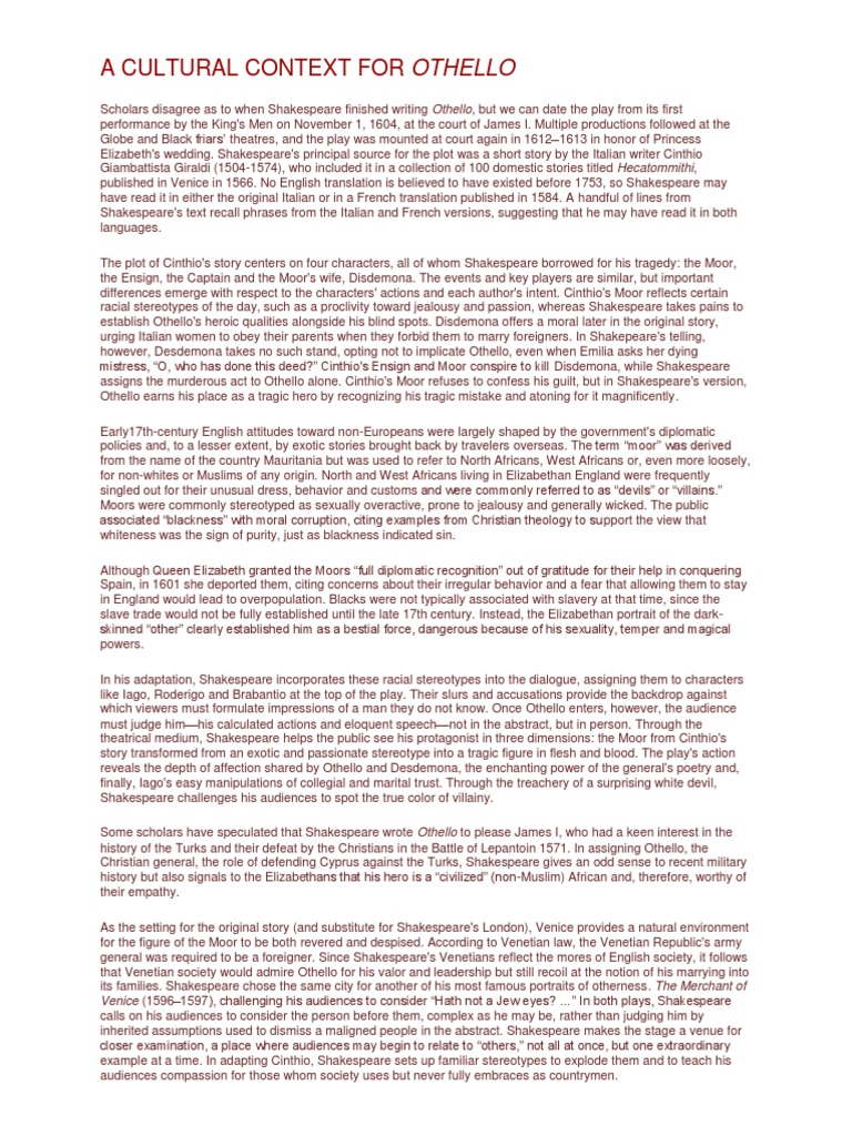 A Cultural Context For Othello | PDF | Desdemona | Othello