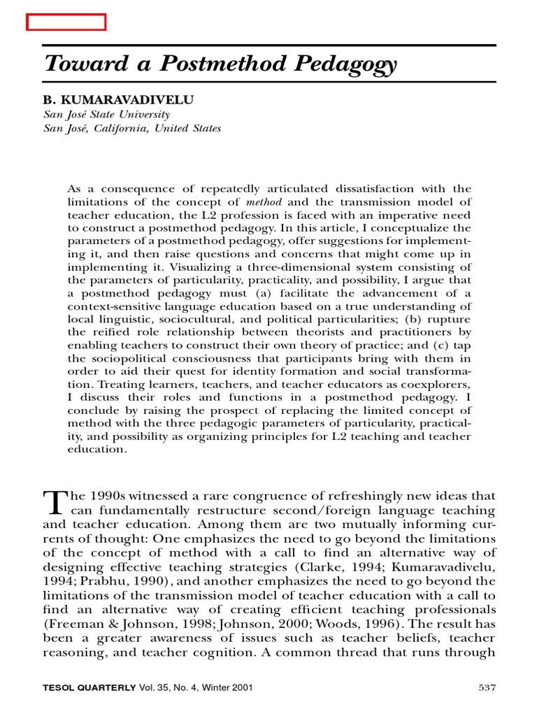 2001 Kumaravadivelu Postmethod Pedagogy | PDF | Teacher Education ...