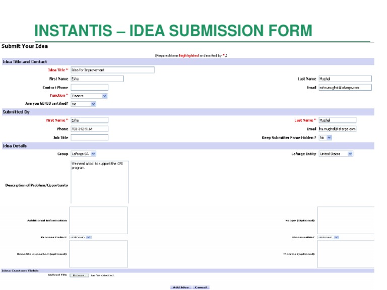 Instantis - Idea Submission Form: Date - Presentation Name or Chapter 1 ...