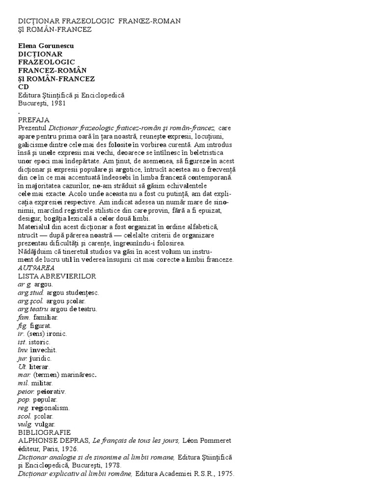 Dictionar Frazeologic Francez Roman Francez | PDF