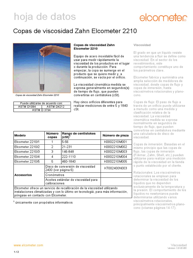FT - Copa de Inmersión Zahn 2210 - Elcometer | PDF | Líquidos | Viscosidad