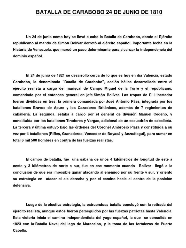 Batalla de Carabobo: 24 de junio de 1821 | PDF | Historia