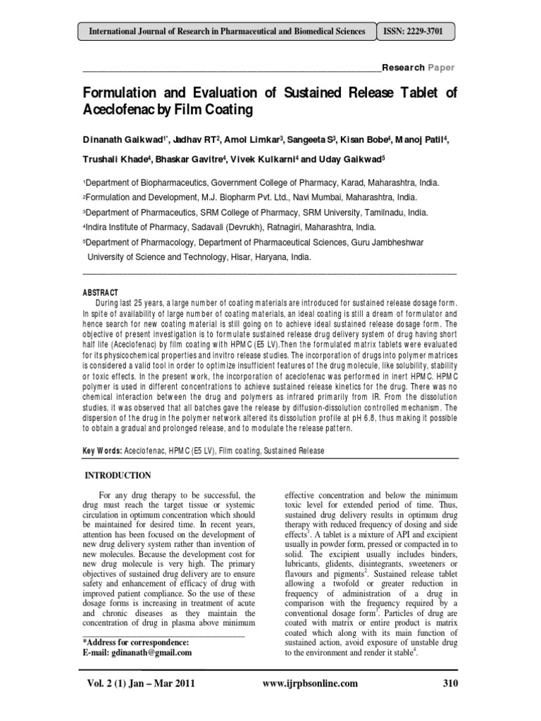 Formulation and Evaluation of Sustained Release Tablet of Aceclofenac ...