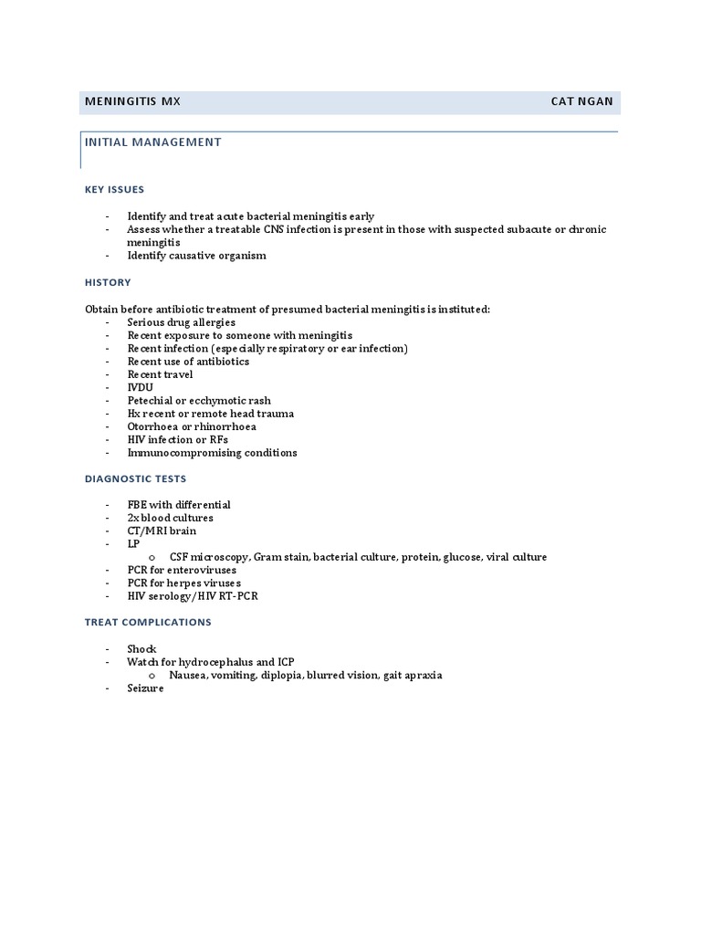Initial Management: Meningitis MX Cat Ngan | PDF | Meningitis | Rtt