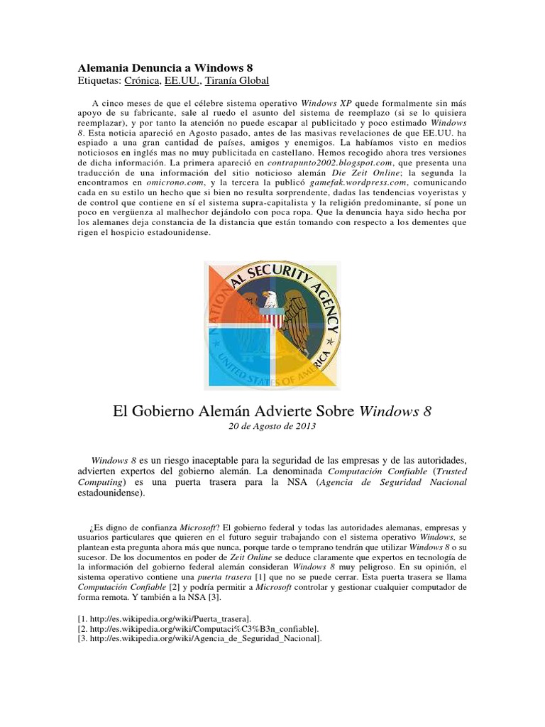 Alemania Denuncia A Windows 8 | PDF | Computación confiable | Microsoft