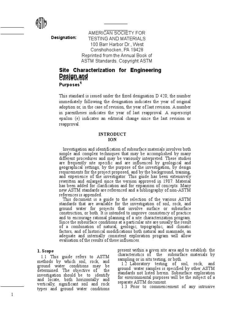 Site Characterization for Engineering Design and Construction Purposes ...