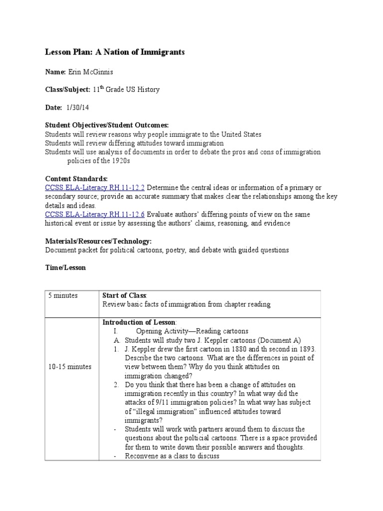 Lesson Plan Nation of Immigrants | PDF | Communication | Cognition