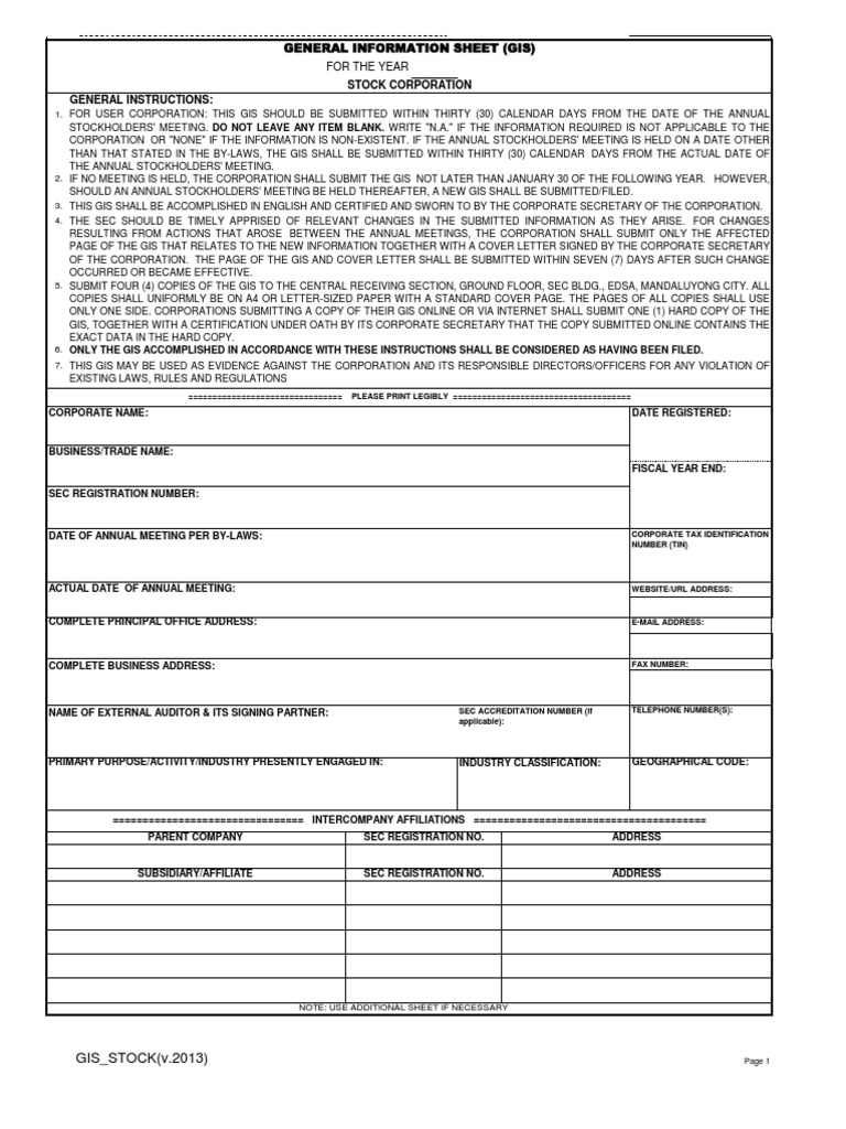 General Instructions: Stock Corporation: General Information Sheet (Gis ...