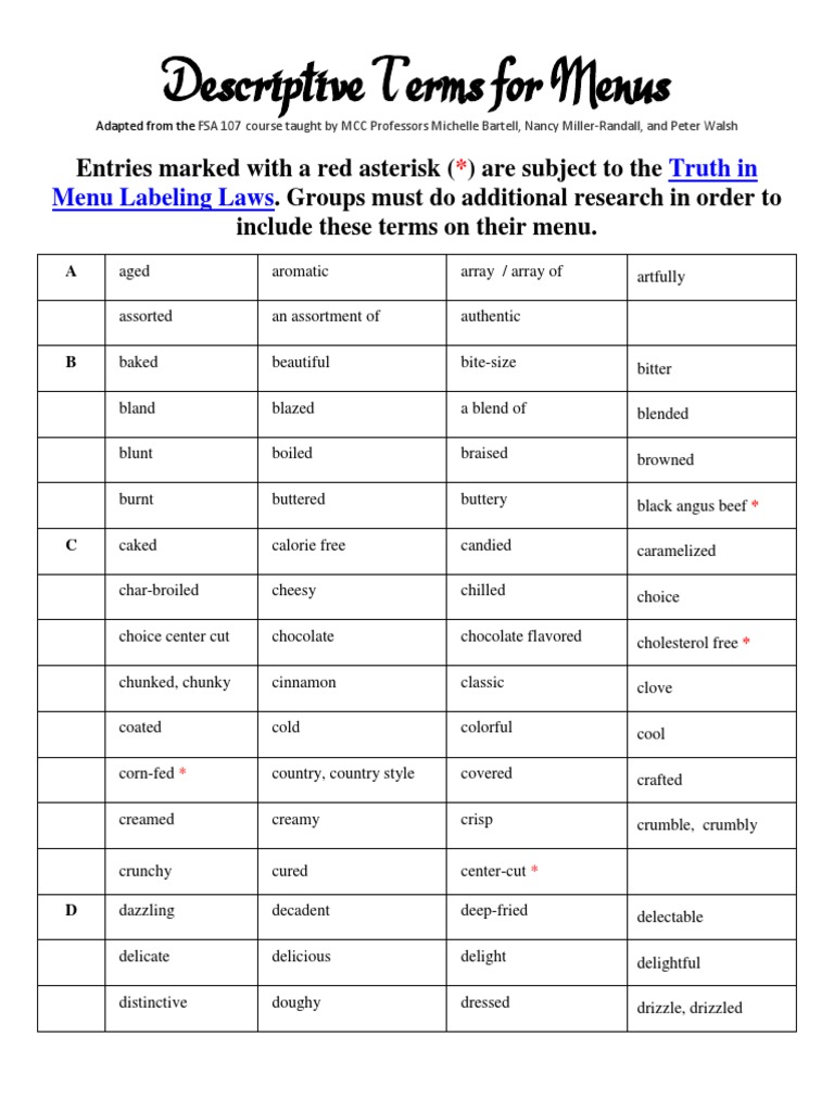 Descriptive Terms For Menus | PDF | Foods | Food And Drink