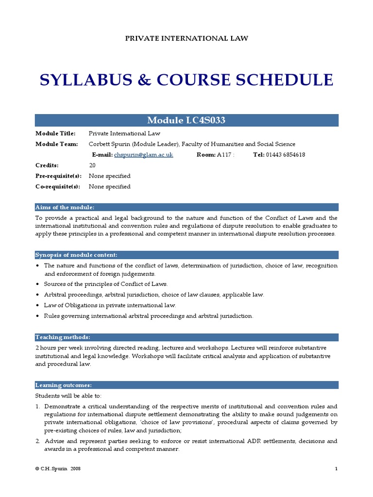 Syllabus & Course Schedule: Module LC4S033 | PDF | Arbitration | Choice ...