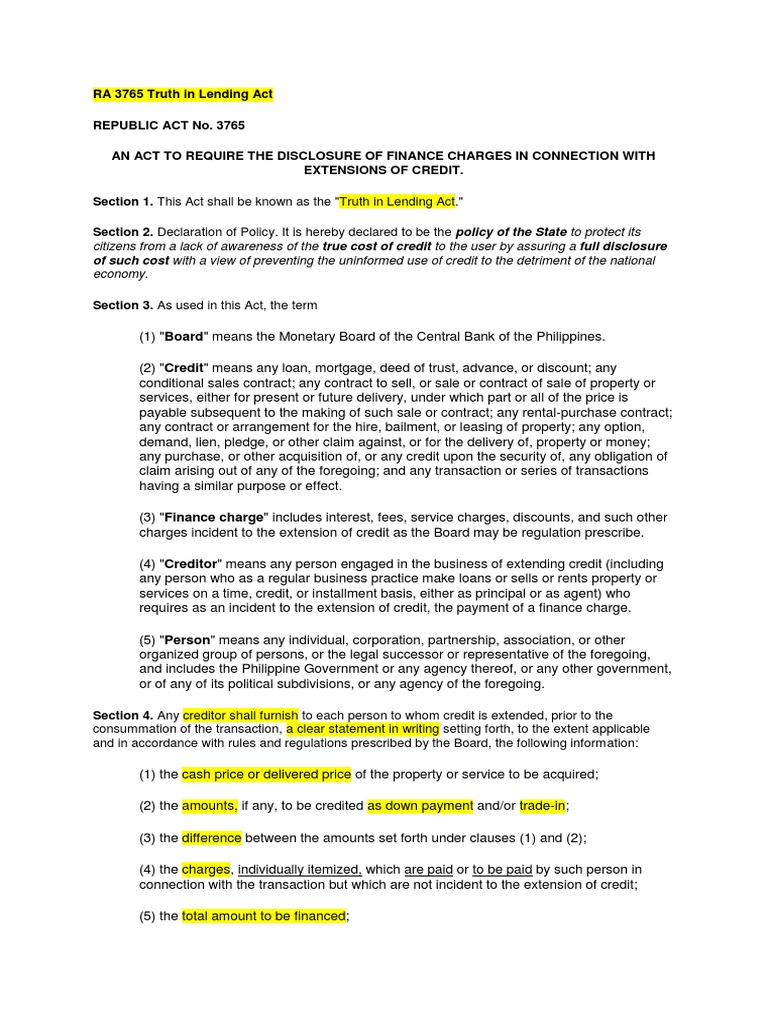 RA 3765 Truth in Lending Act | PDF | Credit (Finance) | Truth In ...