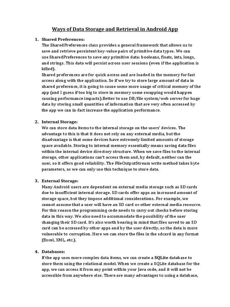 Ways of Data Storage and Retrieval in Android App | PDF | Databases ...
