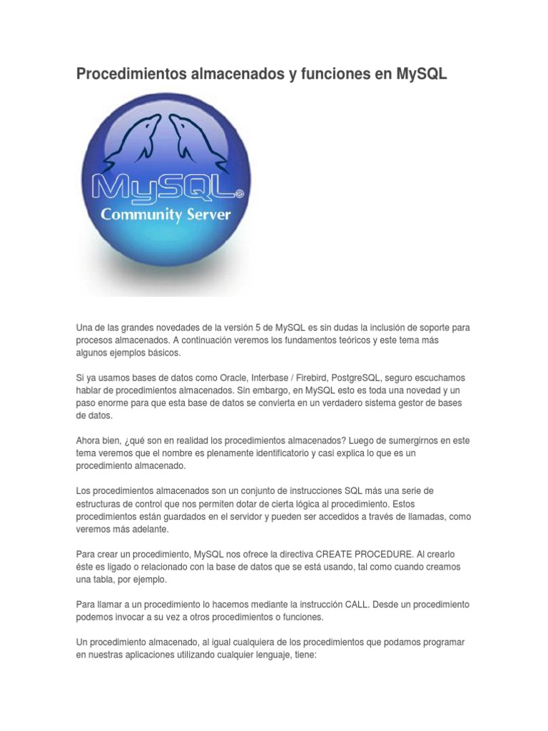 Procedimientos Almacenados y Funciones en MySQL | Descargar gratis PDF | SQL | Mi sql