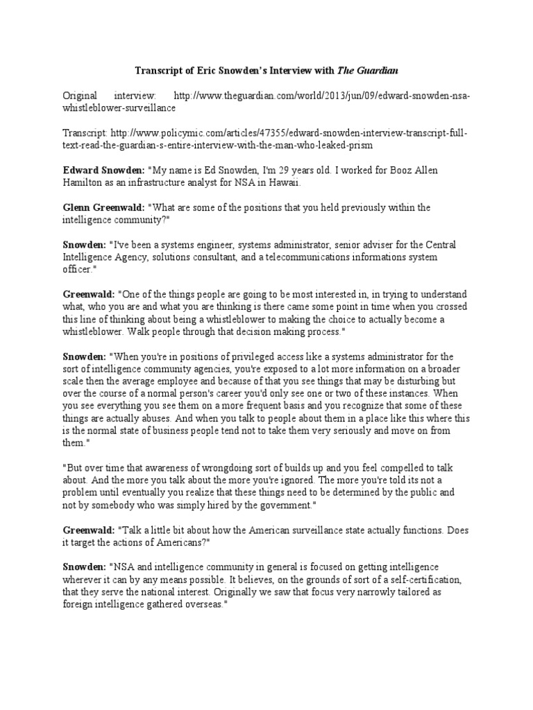 Transcript of Snowden Interview | PDF | Edward Snowden | National ...